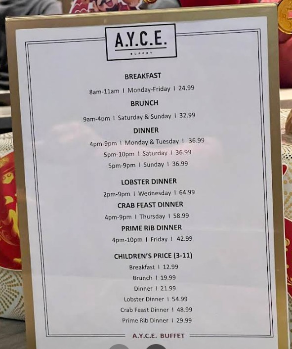 A.Y.C.E Buffet Restaurant Menu – Prices and Hours. Mongolian BBQ ...