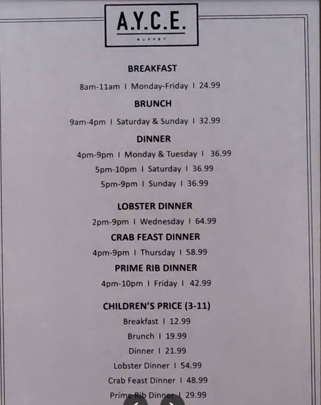 A.Y.C.E Buffet Restaurant Menu – Prices and Hours. Mongolian BBQ ...